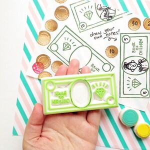 Play Money Rubber Stamp Set, Bank Note & Coin, Hand Carved Stamps by ...