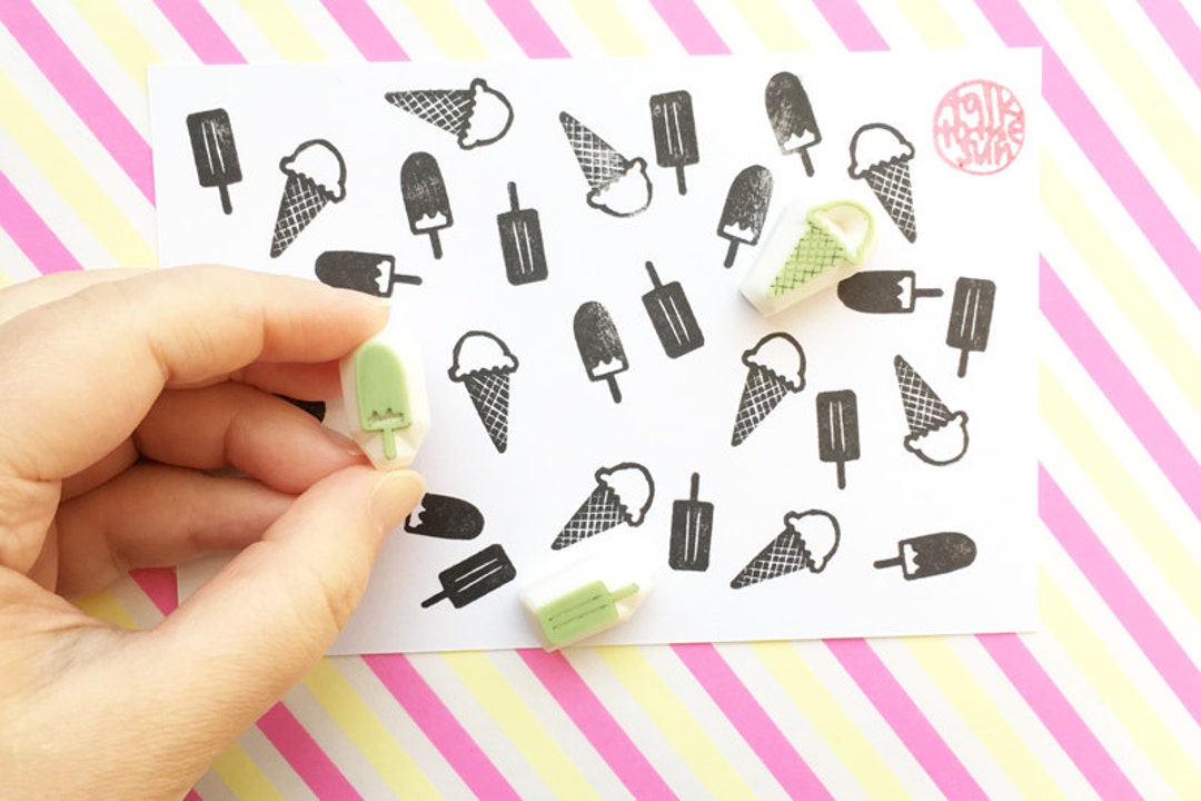 Ice Cream Rubber Stamp, Ice Cream Cone & Popsicle Stamps, Hand Carved ...