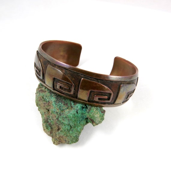 Vintage Copper Open Cuff Bracelet, Hopi Overlay Water… - Gem