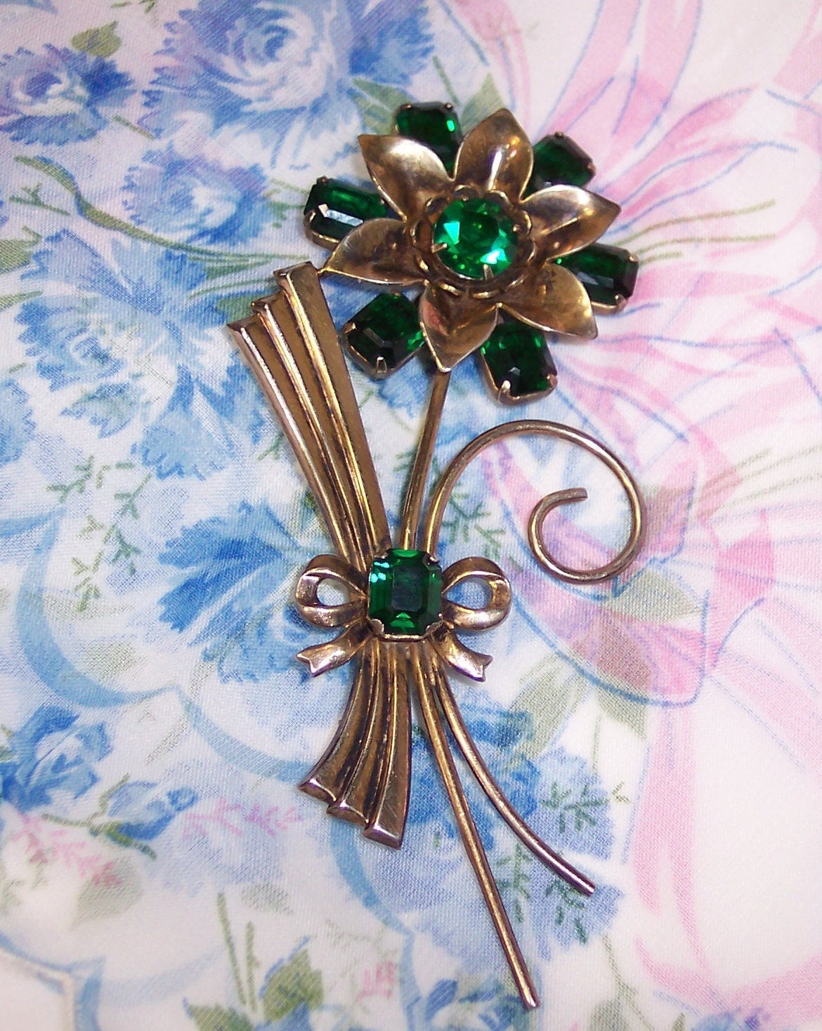 Vintage Flower Brooch Sterling Silver Vermeil Green - Etsy