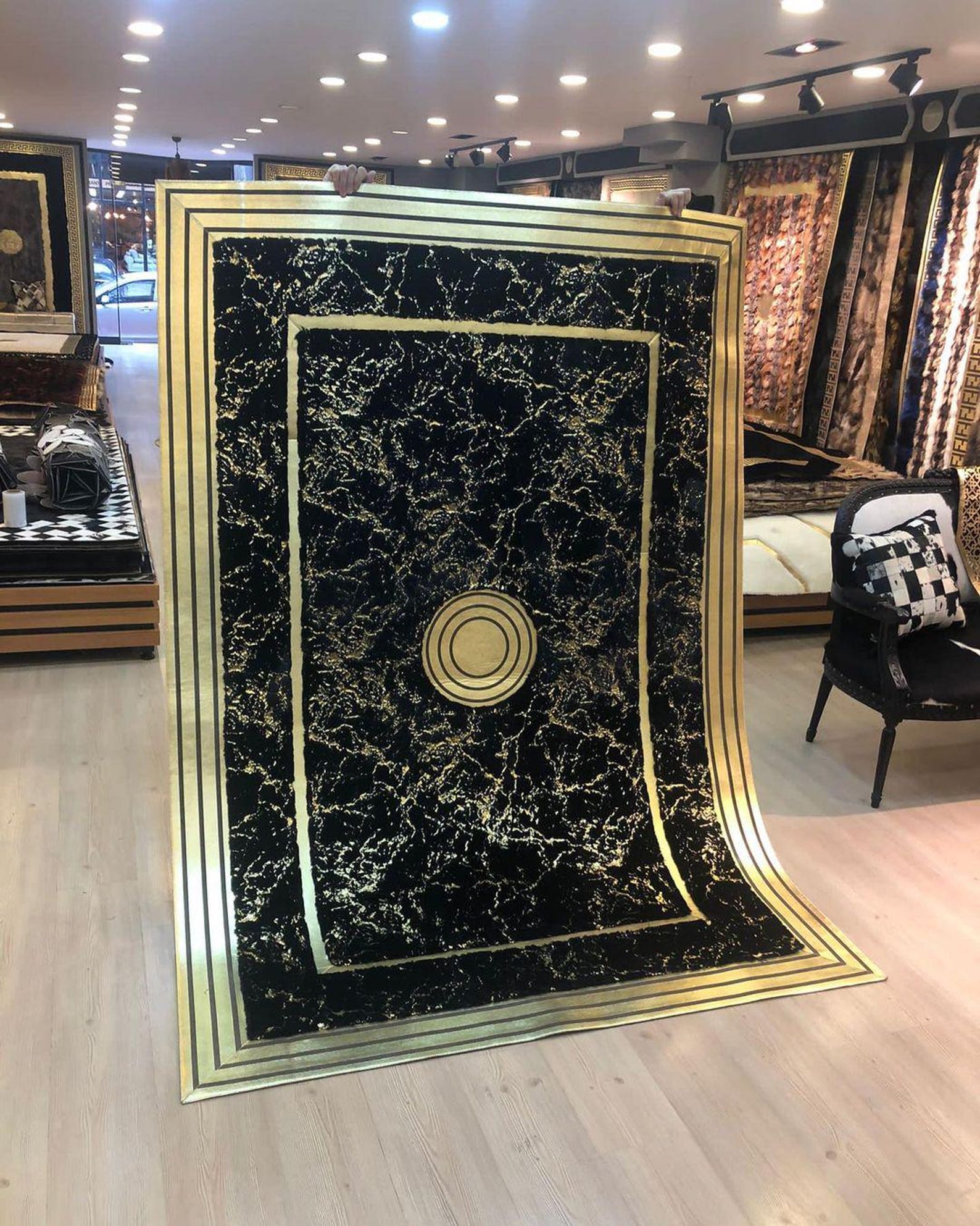 Plush Black and Gold Rug for Cozy Home, Handmade Elegant Plush Black ...