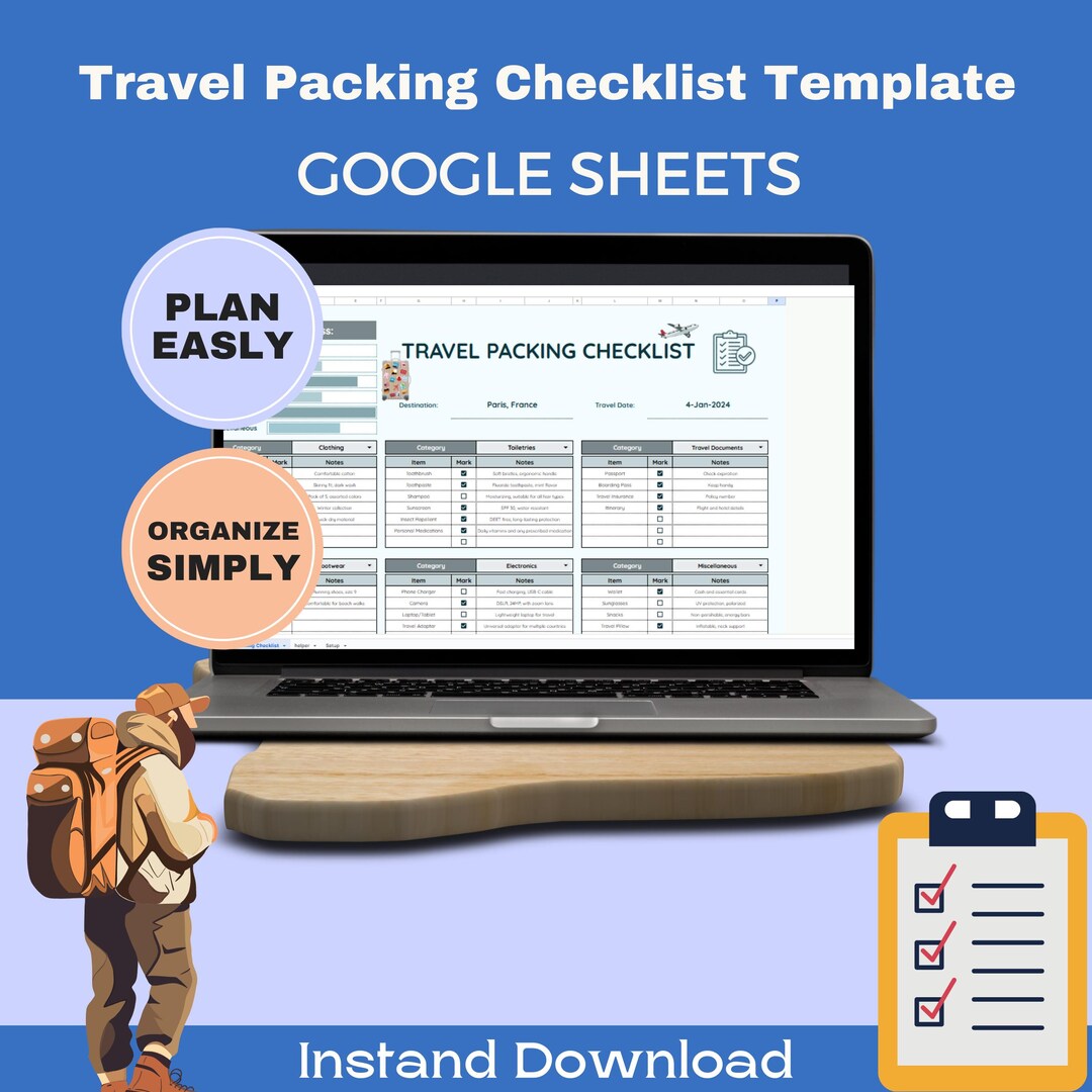 Travel Packing Checklist Spreadsheet | Categorized Essentials |digital ...