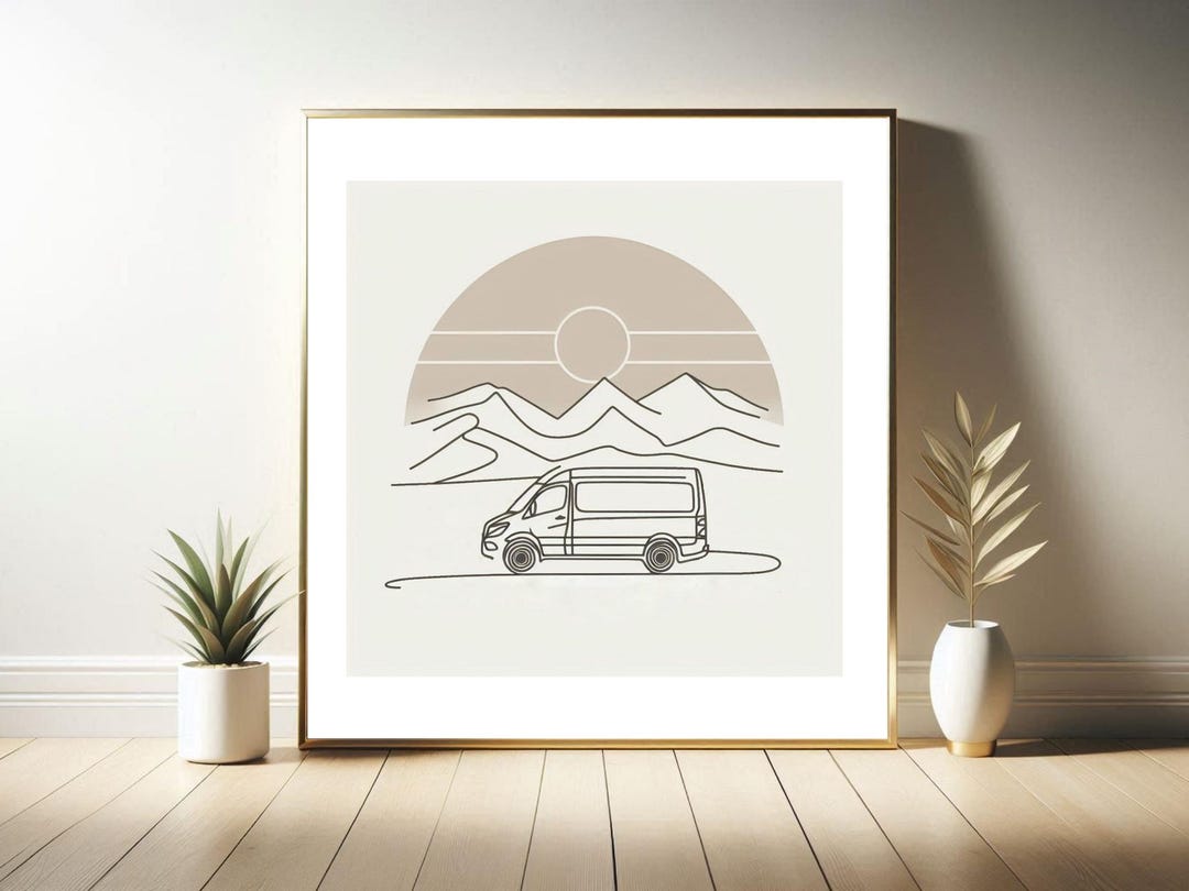 Minimalist Sprinter Van Line Art With Mountain Neutral Color Palette ...