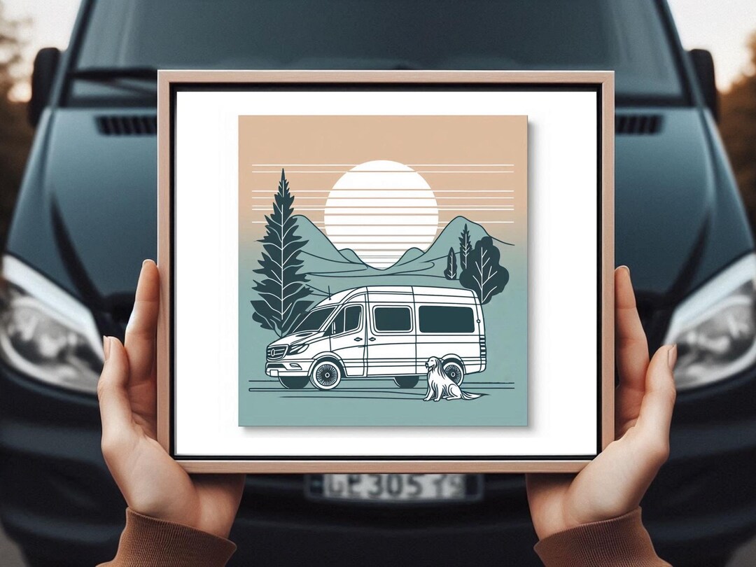Minimalist Sprinter Van and Dog Line Art With Mountains and Sunset ...