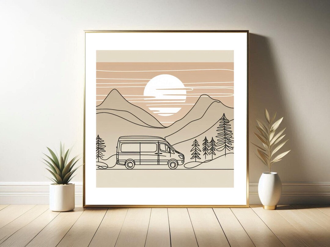 Minimalist Sprinter Van Line Art With Mountain Sunset Neutral Color ...