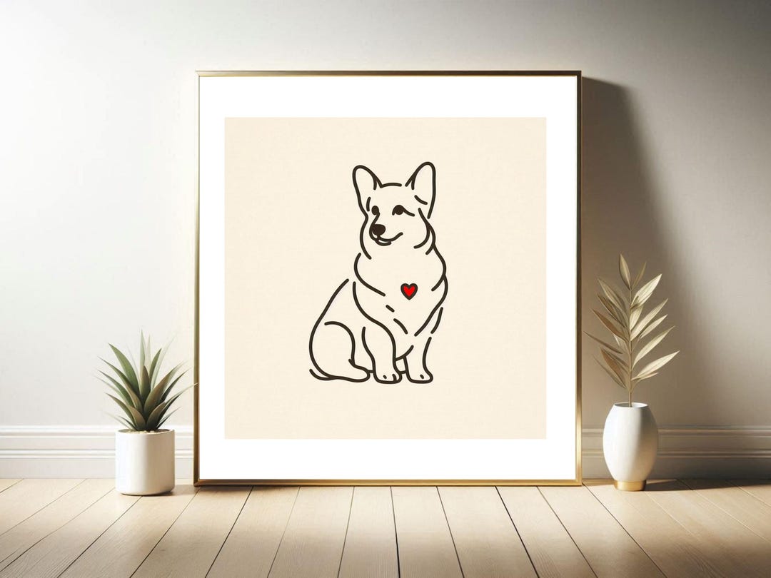 Minimalist Corgi Line Art Modern Dog Lover Wall Art With Heart Detail ...