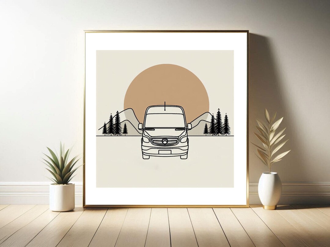 Minimalist Sprinter Van Line Art With Mountain Sunset Neutral Color ...