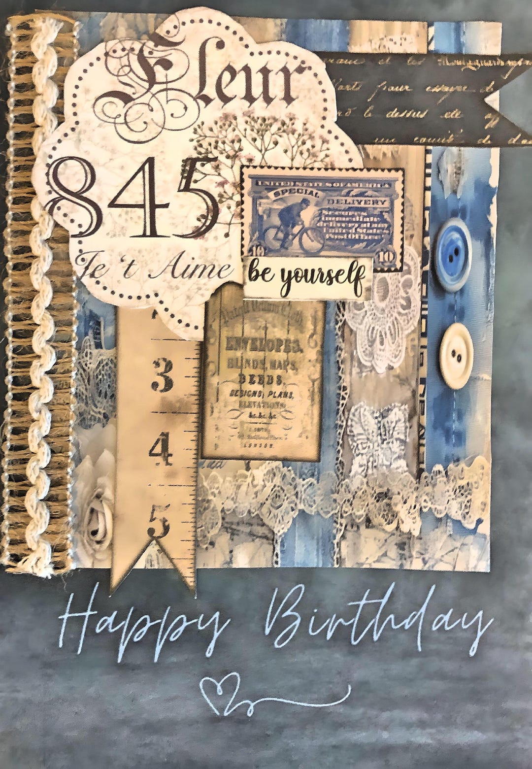 Handcrafted Birthday Card, Unique Card, Handmade Art, Rustic Blue ...