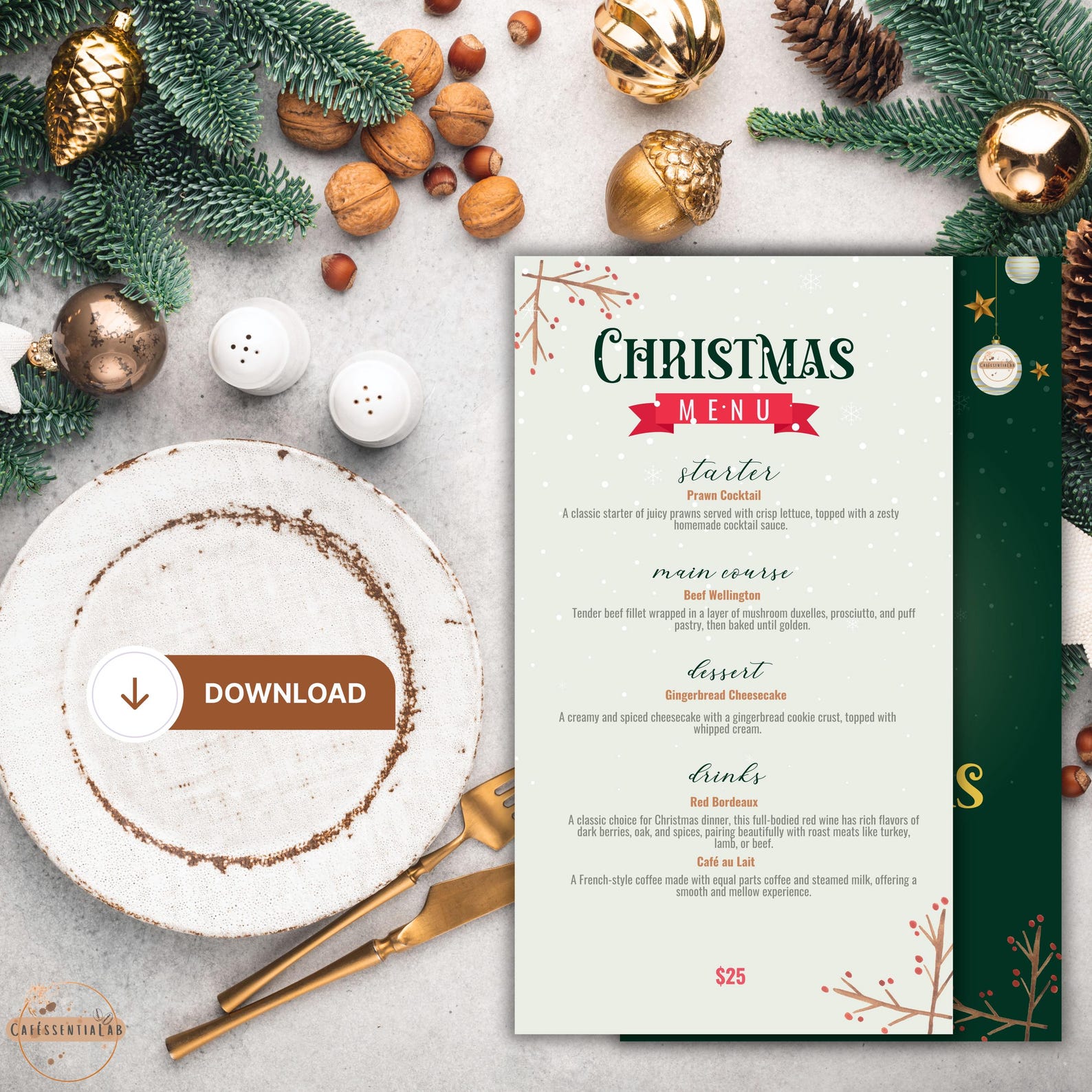 Christmas Menu Template, Minimal Classic Menu, Printable Christmas ...