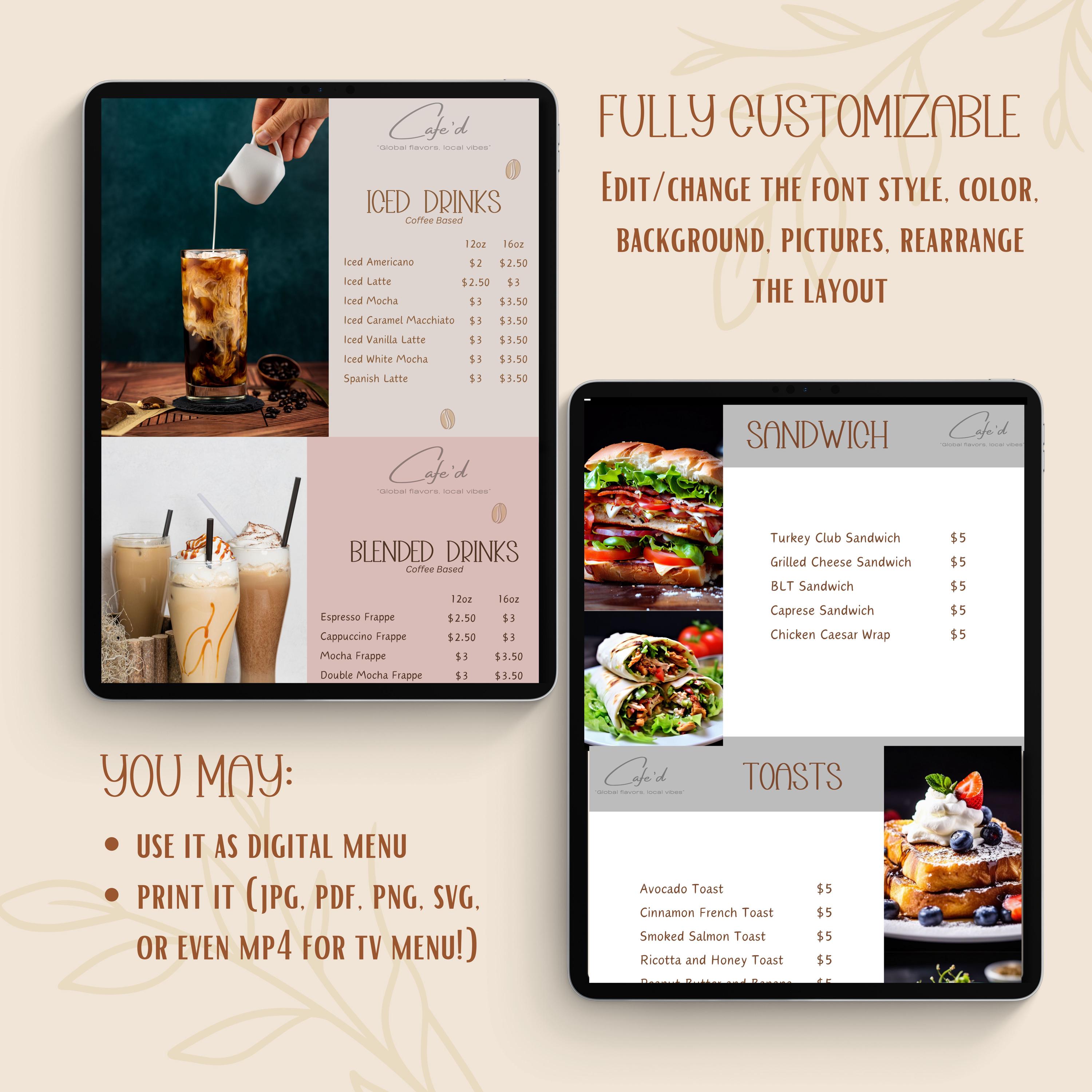 Coffee Menu cafe & Restaurant Menu Menu Template Editable Digital Print ...