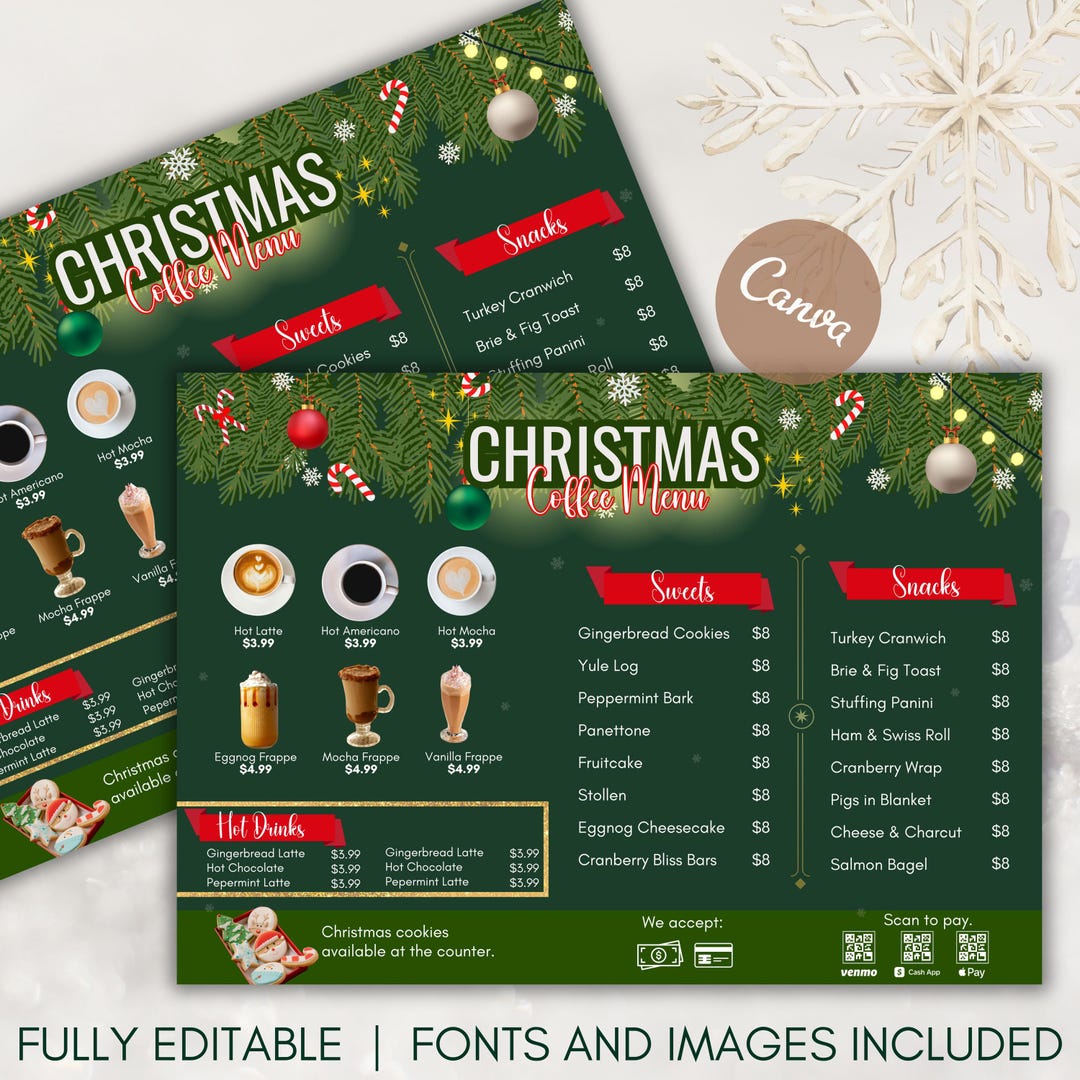 Modern Christmas Menu, Editable Template,cafe Menu,printable Christmas ...