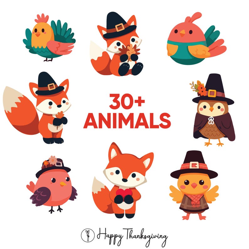 Thanksgiving Clip Art Set - PNG & SVG Thanksgiving Dinner, Cute Animals ...