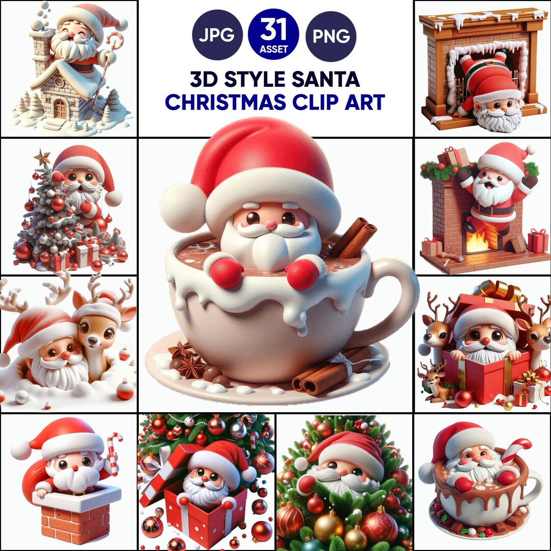 Cute Christmas Santa Clip Art Set 3D Style PNG JPG, Cute Character ...