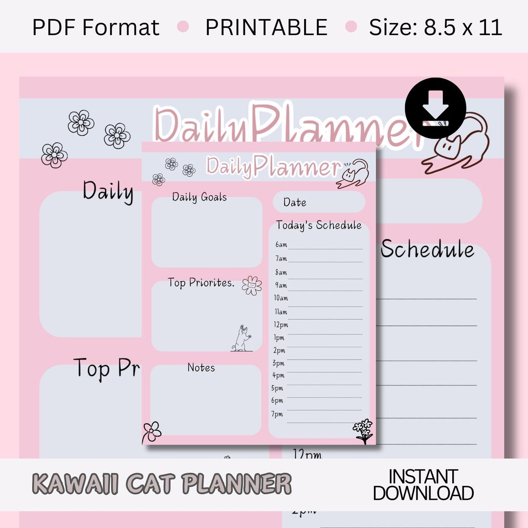 Kawaii Cat Daily Planner Printable, Cute Pastel Aesthetic To-do List ...