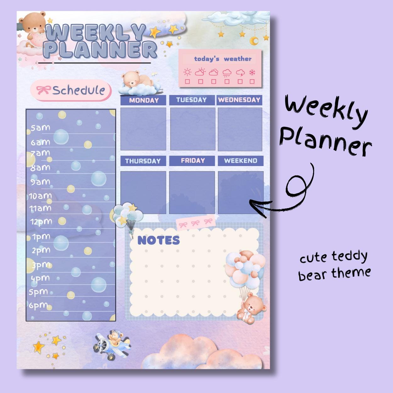 Kawaii Printable Teddy Bear Planner, Cute Undated Weekly, Monthly ...