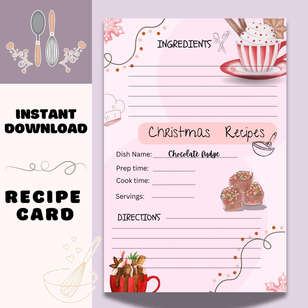 Cute Printable Recipe Card, Pink Christmas Holiday Recipe Card, Bakers ...
