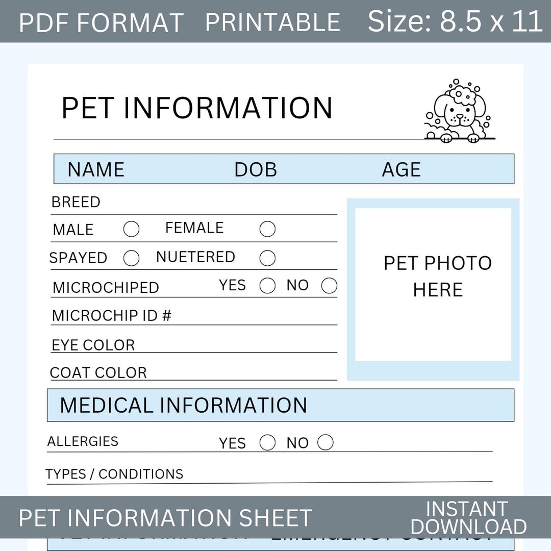 Printable Pet Information Form, PDF Pet Info Sheet, Pet Medical Tracker ...