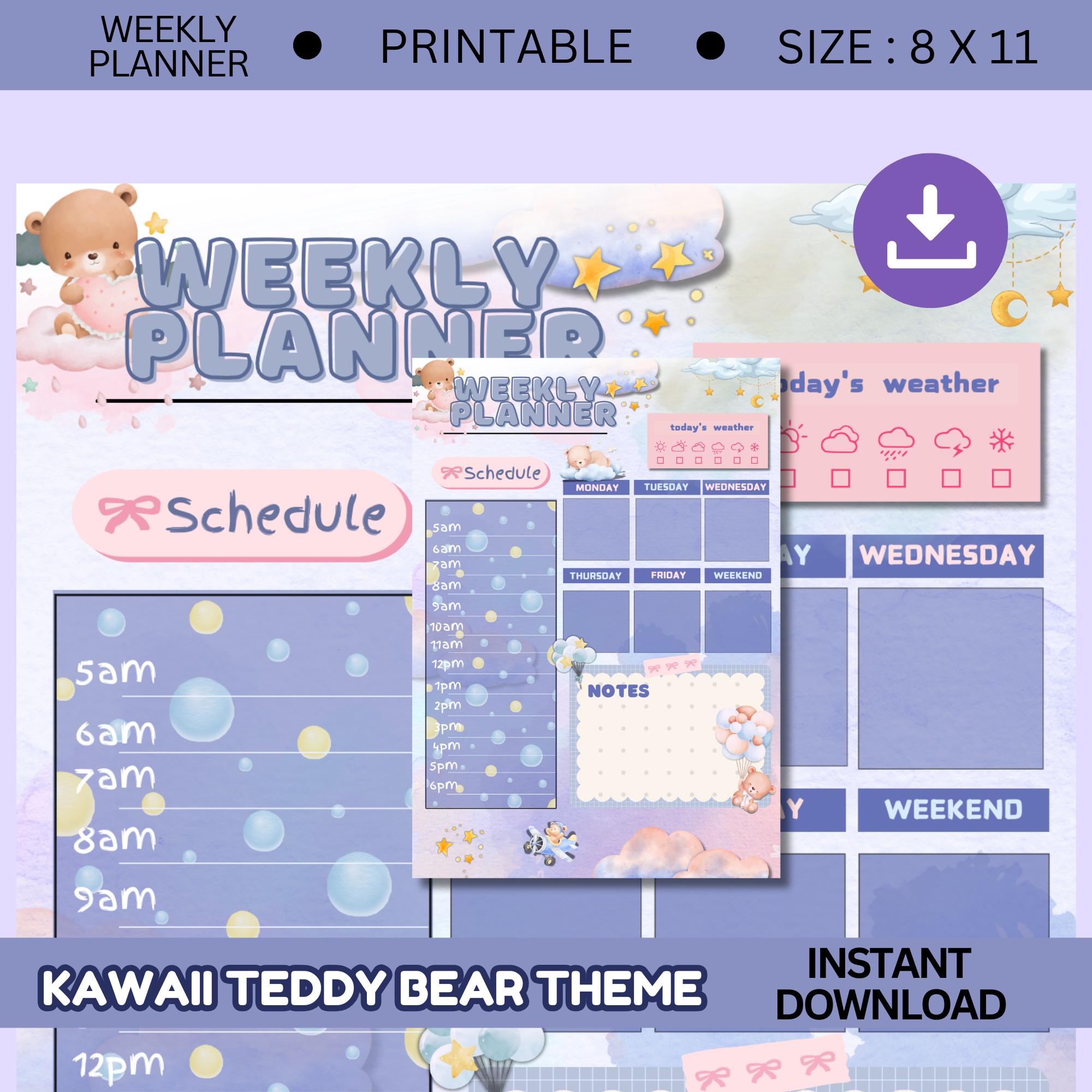 Kawaii Printable Teddy Bear Planner, Cute Undated Weekly, Monthly ...