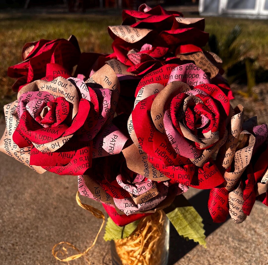 Handmade Paper Flower Bouquet Upcycled Large Print Book Art Red and ...