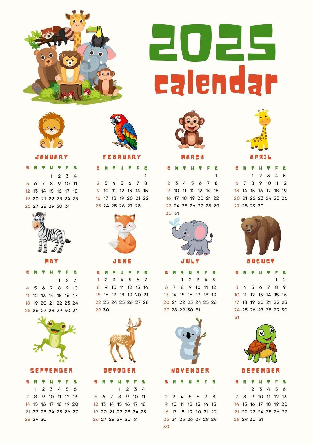 2025 Animals Calendar Printable, Cute Calendar 2025, Wall Calendar for ...