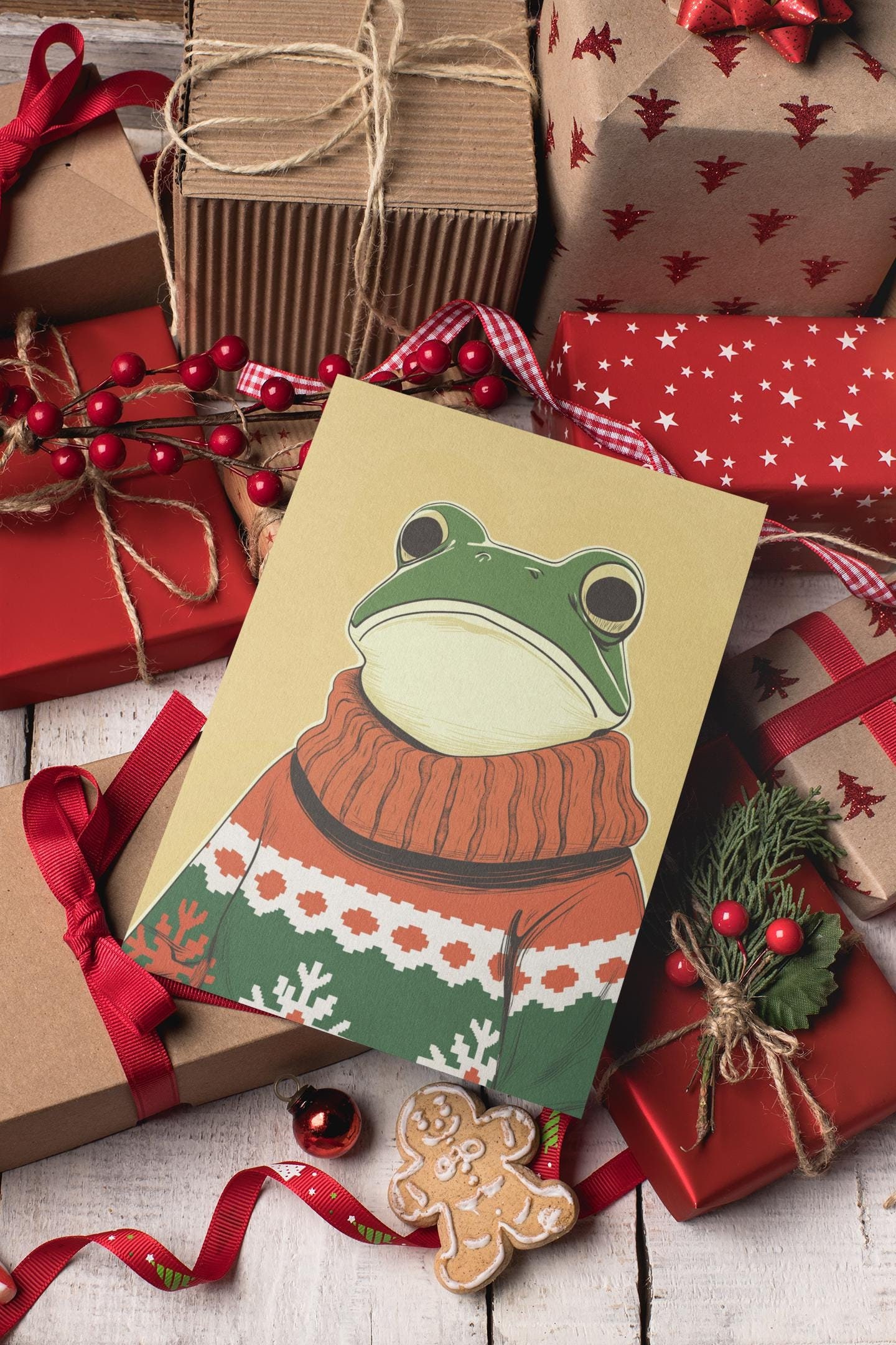 Set of 1, 10 or 20 Christmas Postcards Unimpressed Frog in Ugly Sweater ...