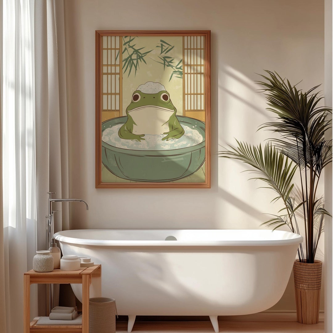 Whimsical Frog Bath Art - Japandi Style Relaxing Wall Decor for ...