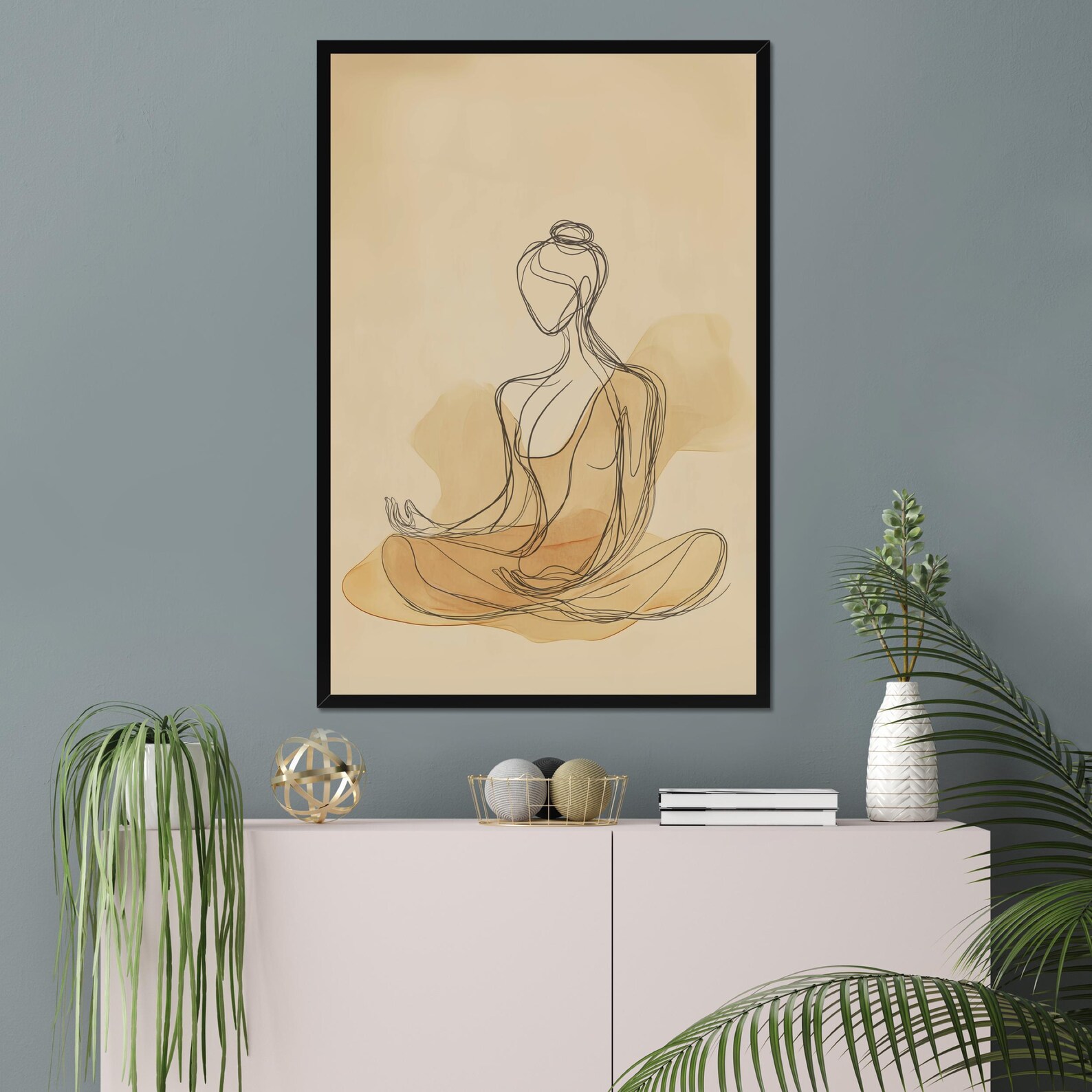 Minimalist Meditation Line Art Framed Print - Zen Decor for Japandi and ...
