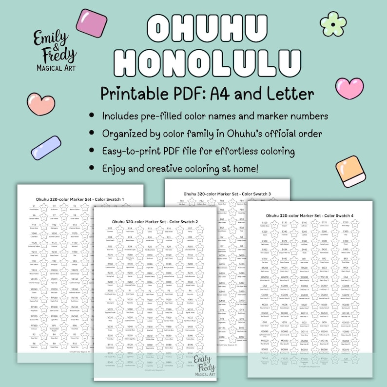 Ohuhu Honolulu 320 Marker Swatch Chart: Printable Color Guide (PDF ...