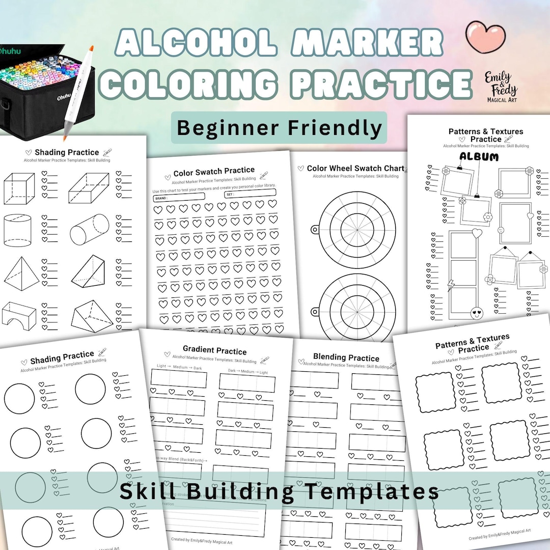 Alcohol Marker Practice Sheets | Blending, Shading Templates (PDF ...