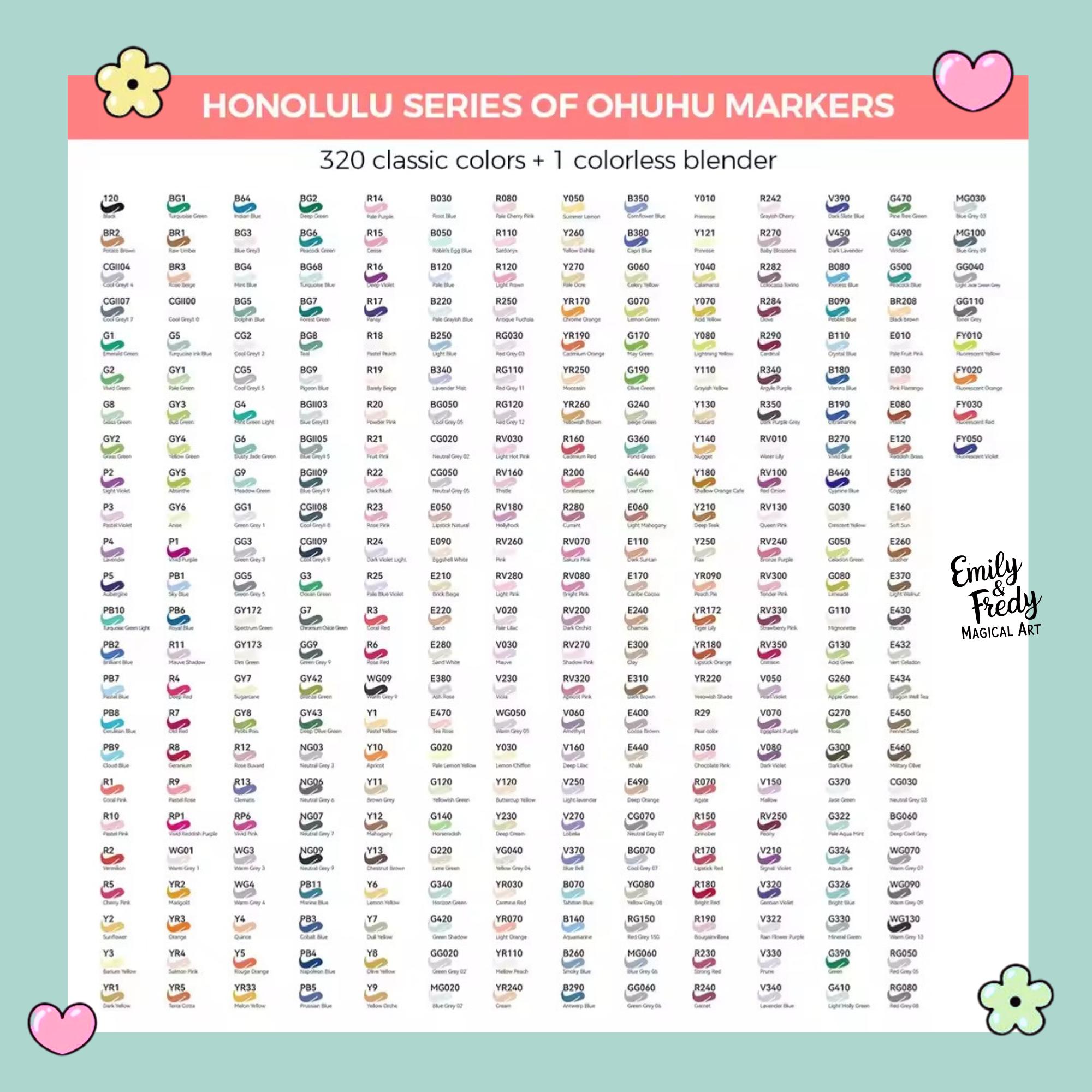 Ohuhu Honolulu 320 Marker Swatch Chart: Printable Color Guide (PDF ...