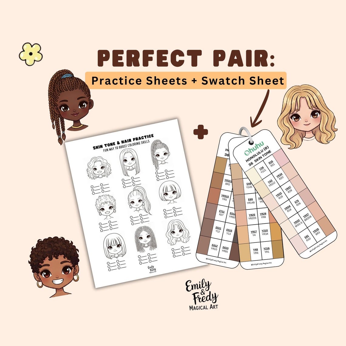 Skin Tone & Hair Practice Sheets | Ohuhu Marker Coloring Practice PNG ...