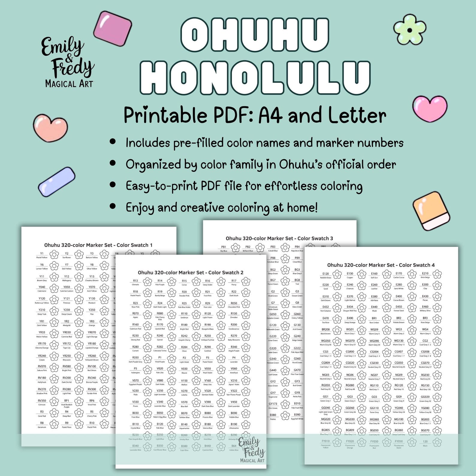 Ohuhu Honolulu 320-color Marker Swatch Charts | Printable PDF, Alcohol ...