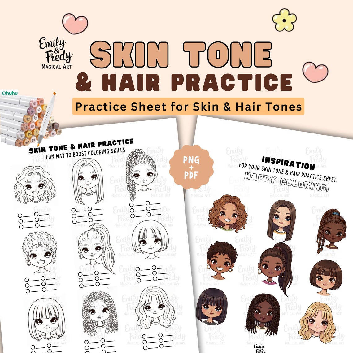 Skin Tone & Hair Practice Sheets | Ohuhu Marker Coloring Practice PNG ...