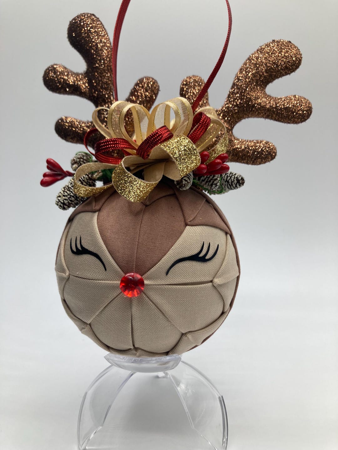 Reindeer Quilted Ornament With Sparkly Antlers and Bow - Etsy