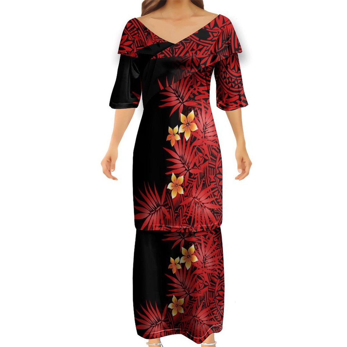 Tax Included New Custom Ruffle Trim V Neck Ladies Dress Tonga ...