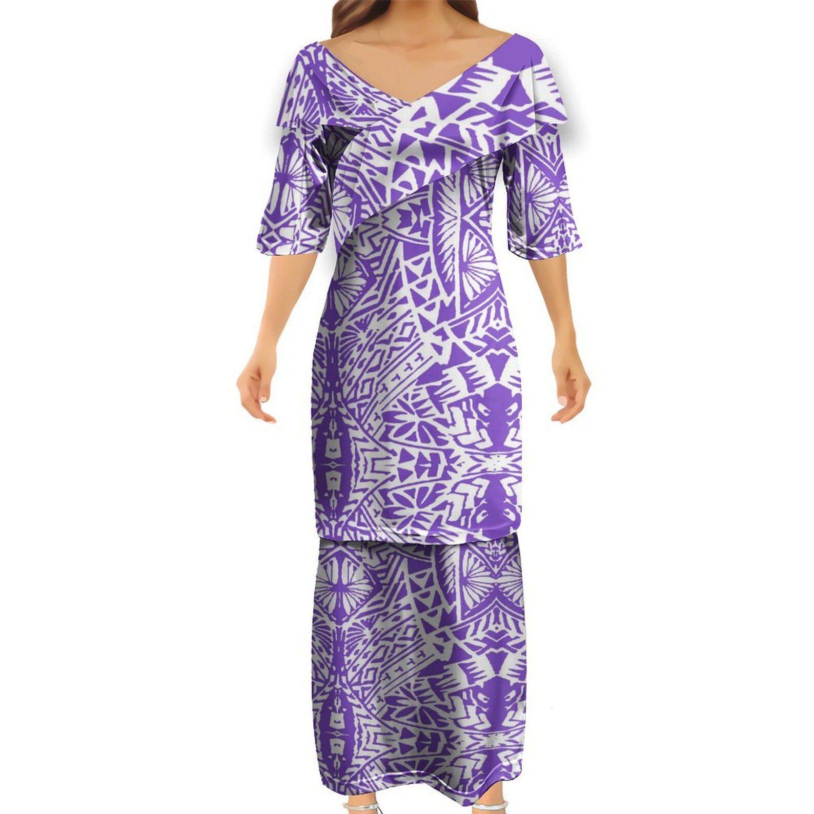 Tax Included New Custom Ruffle Trim V Neck Ladies Dress Tonga ...
