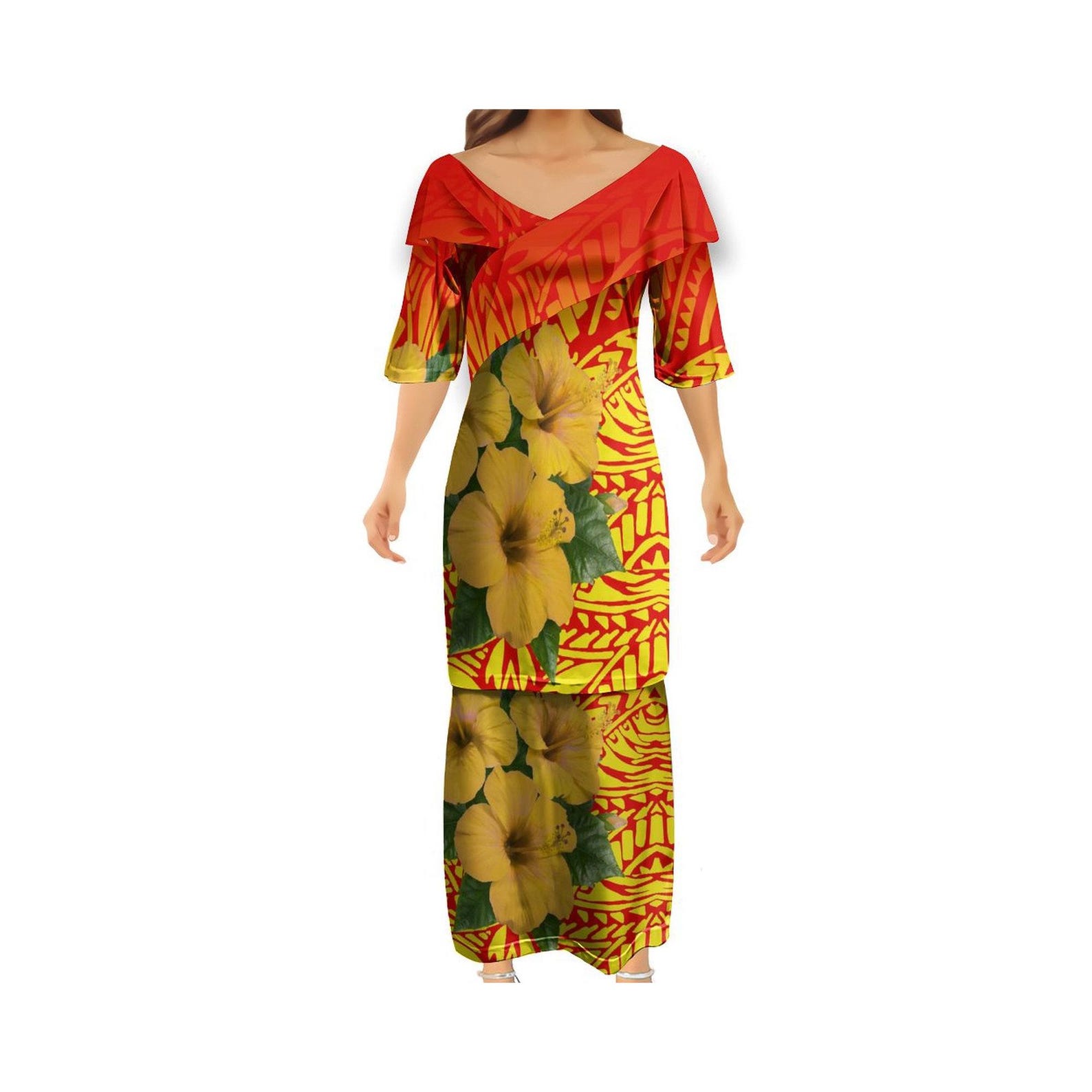 Tax Included New Custom Ruffle Trim V Neck Ladies Dress Tonga ...