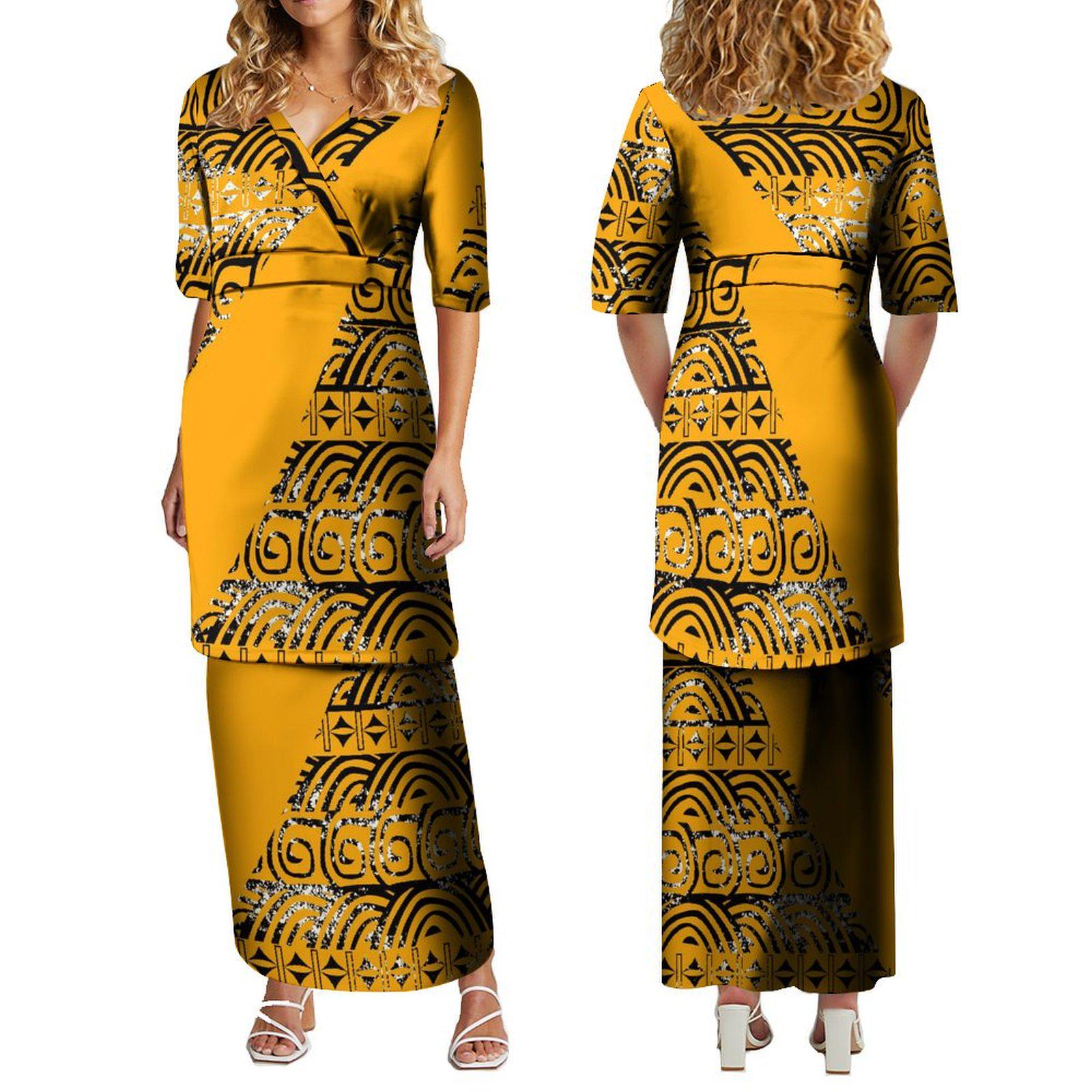 New Customize Polynesian Tribal Design Samoan Puletasi Set Dress V Neck ...