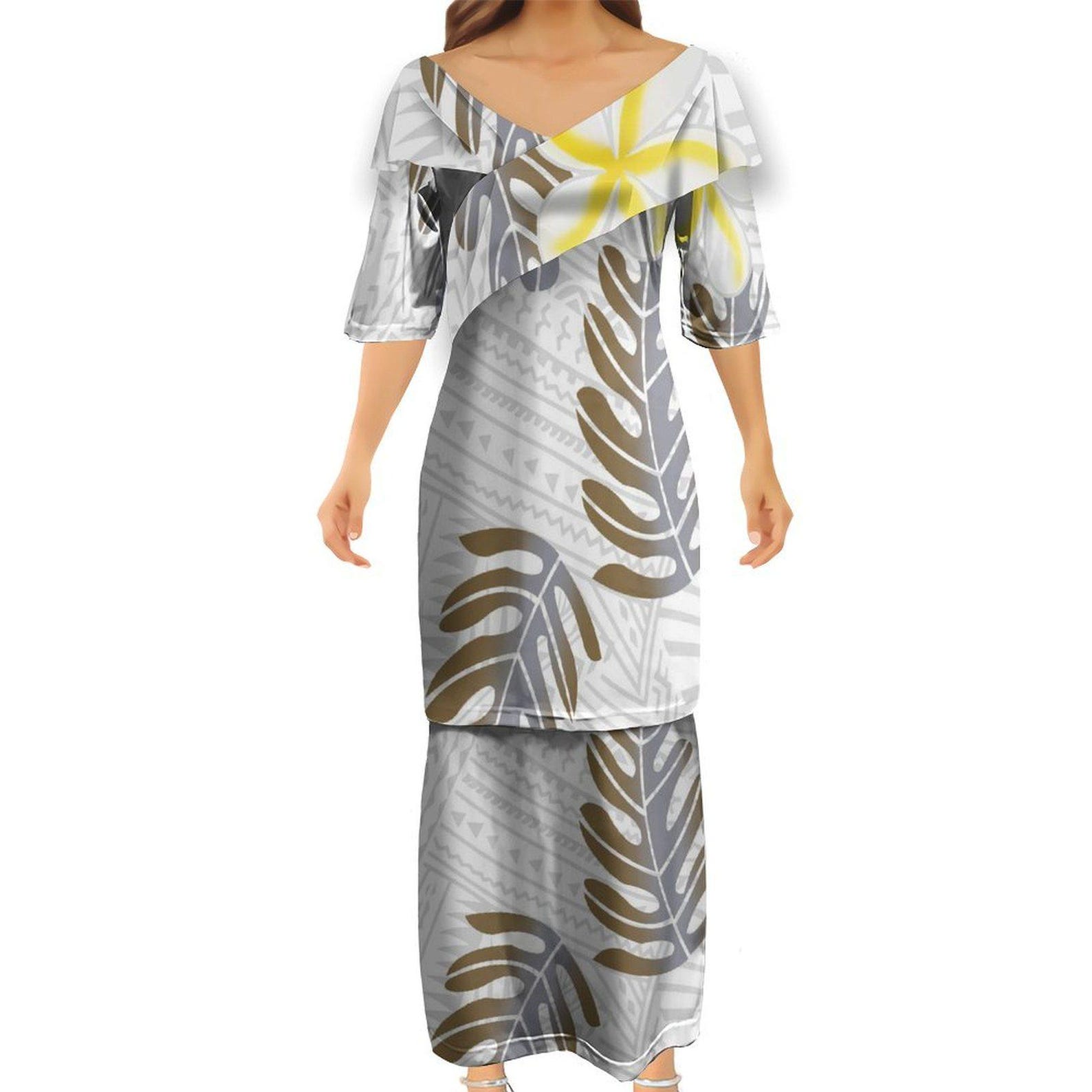 Tax Included New Custom Ruffle Trim V Neck Ladies Dress Tonga ...