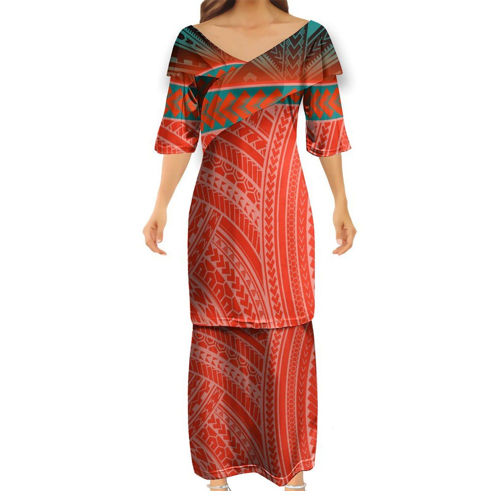 Tax Included New Custom Ruffle Trim V Neck Ladies Dress Tonga ...