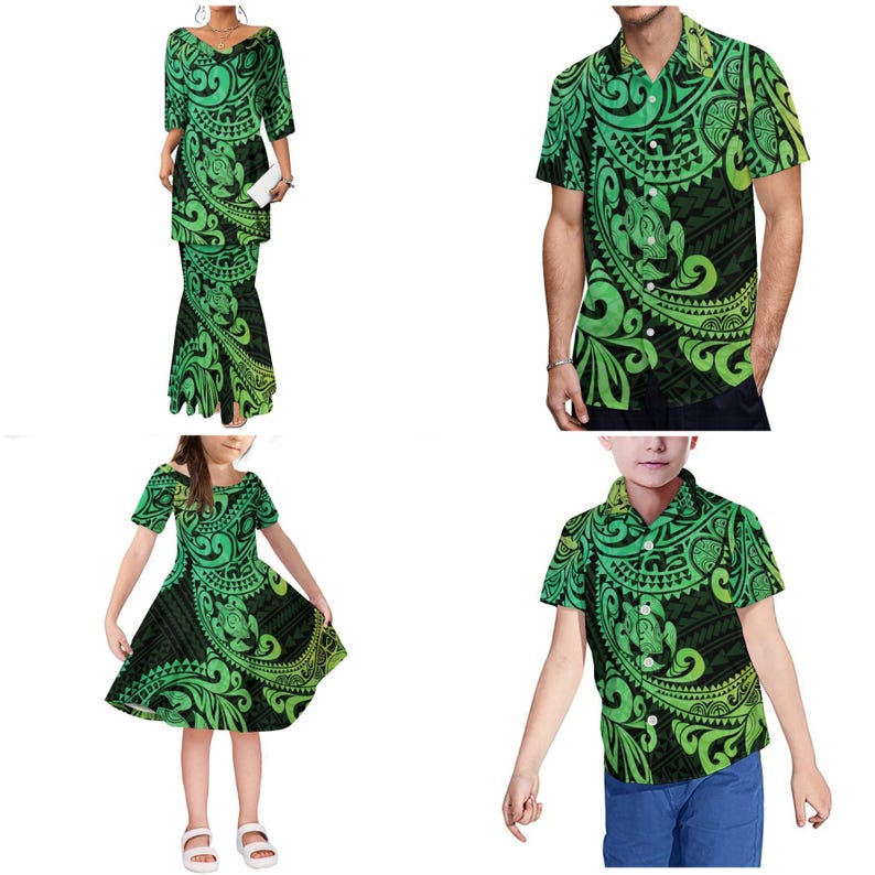 2025 Samoa Tribal Polynesian Print 4pcs Set Long Dress Match Shirt ...