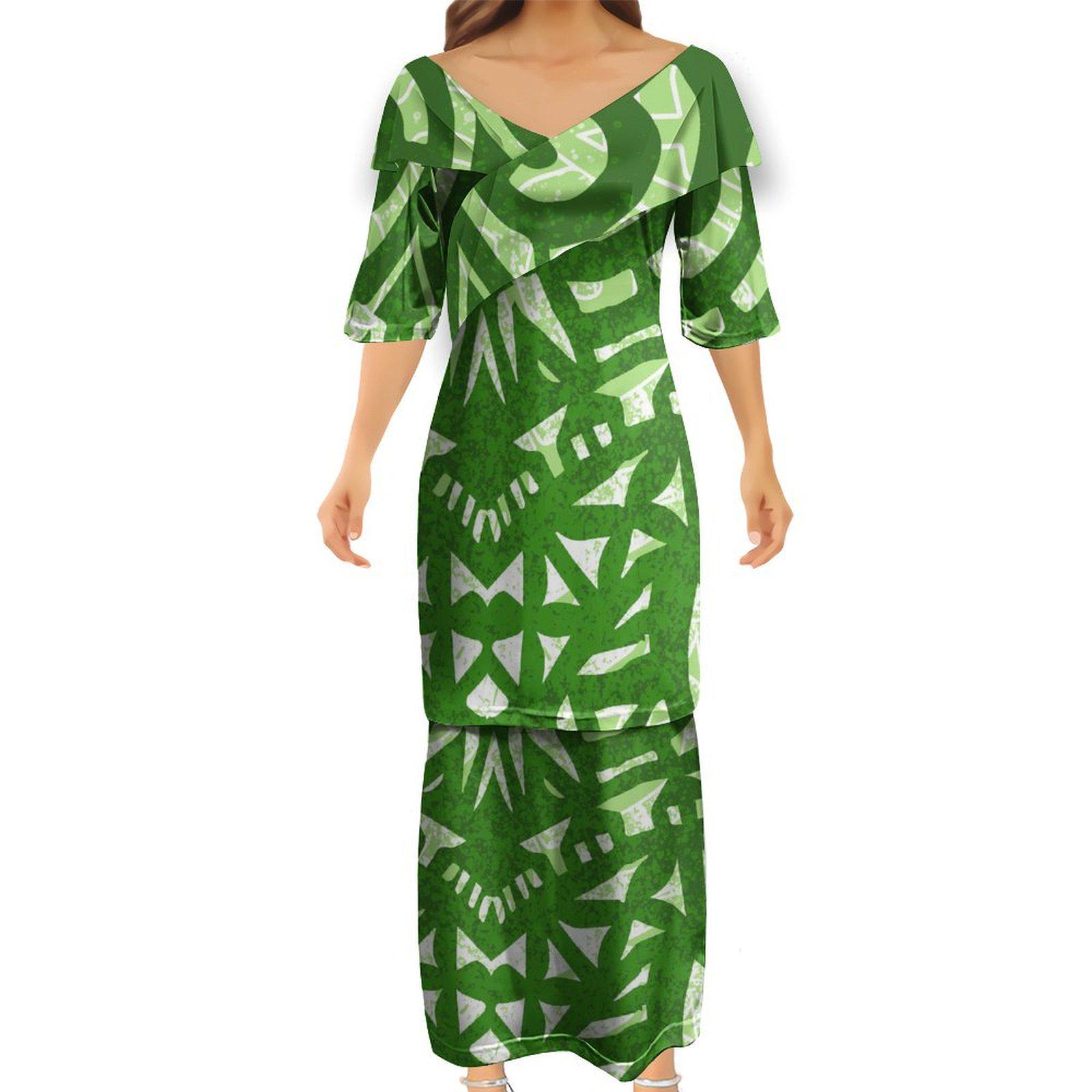Tax Included New Custom Ruffle Trim V Neck Ladies Dress Tonga ...