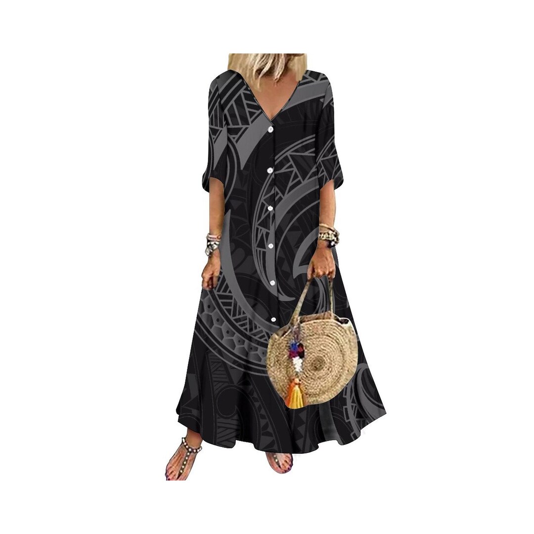 Micronesia V Neck Casual Long Buton Ladies Dress Print on Demand Custom ...