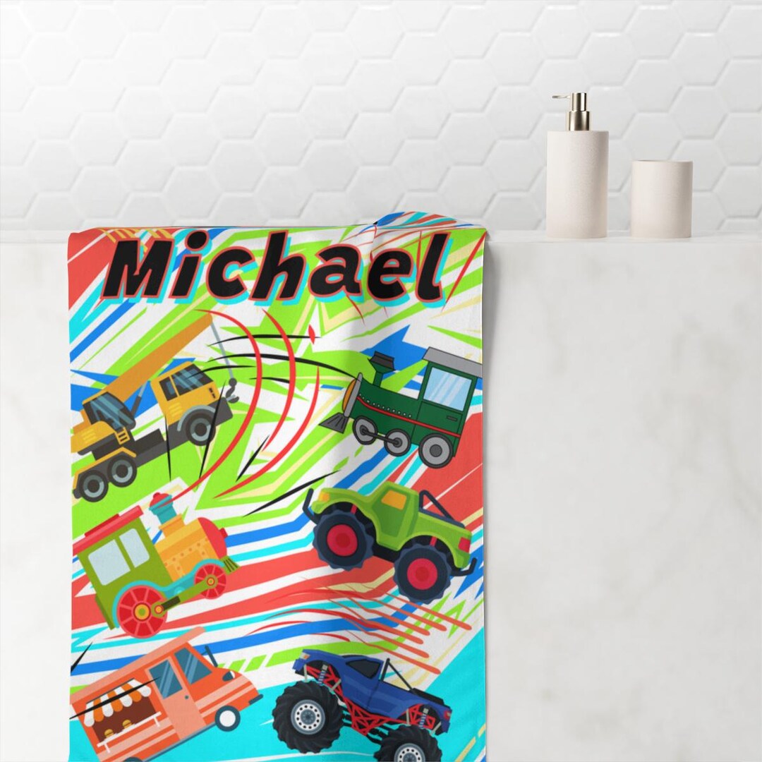 Trucks and Cars Personalized Kids Mink Cotton Towel, Vibrant Car Design ...