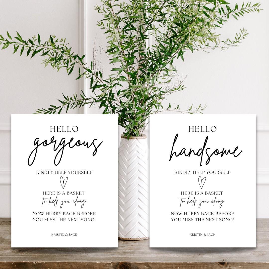 Bathroom Basket Sign for Wedding | Wedding Hello Gorgeous and Handsome ...