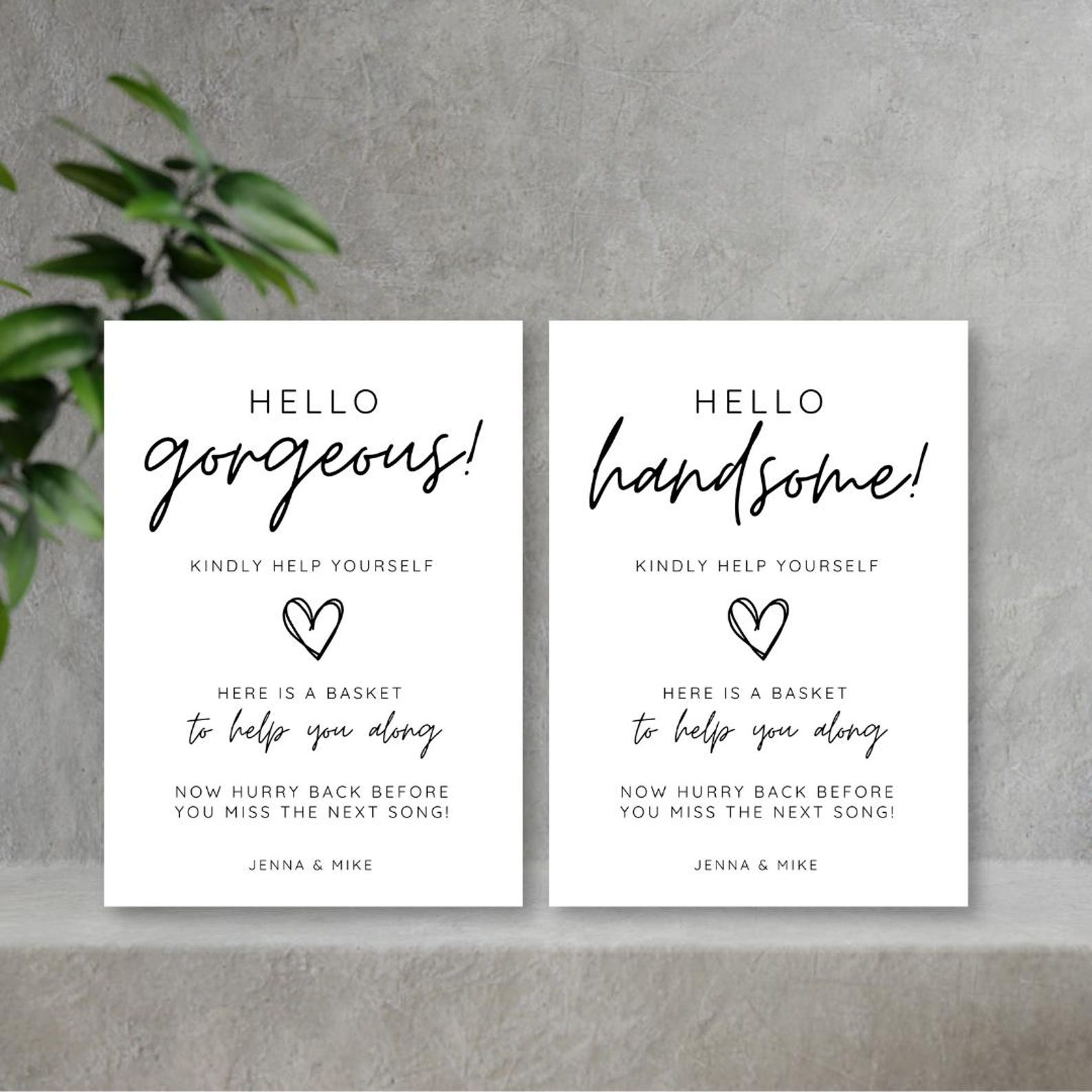 Bathroom Basket Sign for Wedding | Wedding Hello Gorgeous and Handsome ...