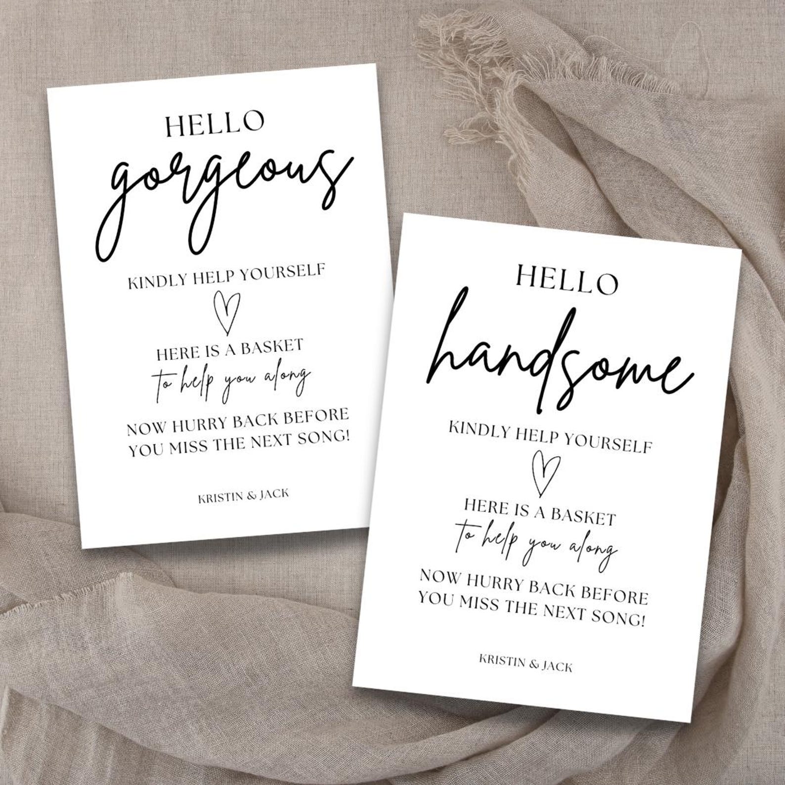 Bathroom Basket Sign for Wedding | Wedding Hello Gorgeous and Handsome ...