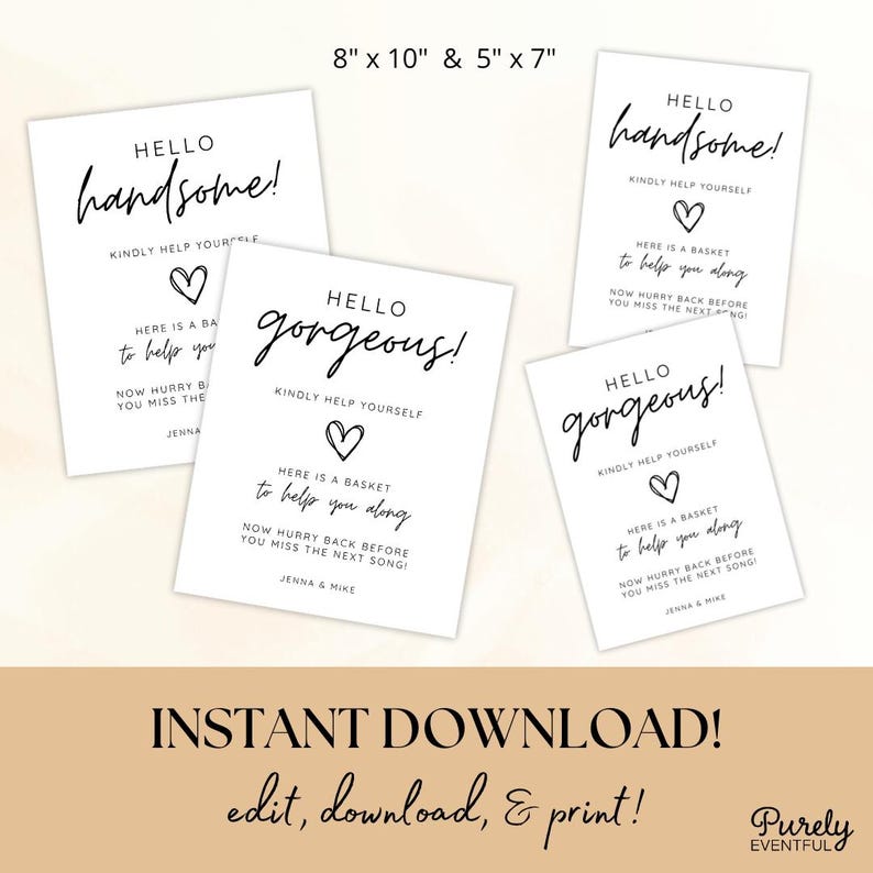 Bathroom Basket Sign for Wedding | Wedding Hello Gorgeous and Handsome Basket Sign | Modern ...