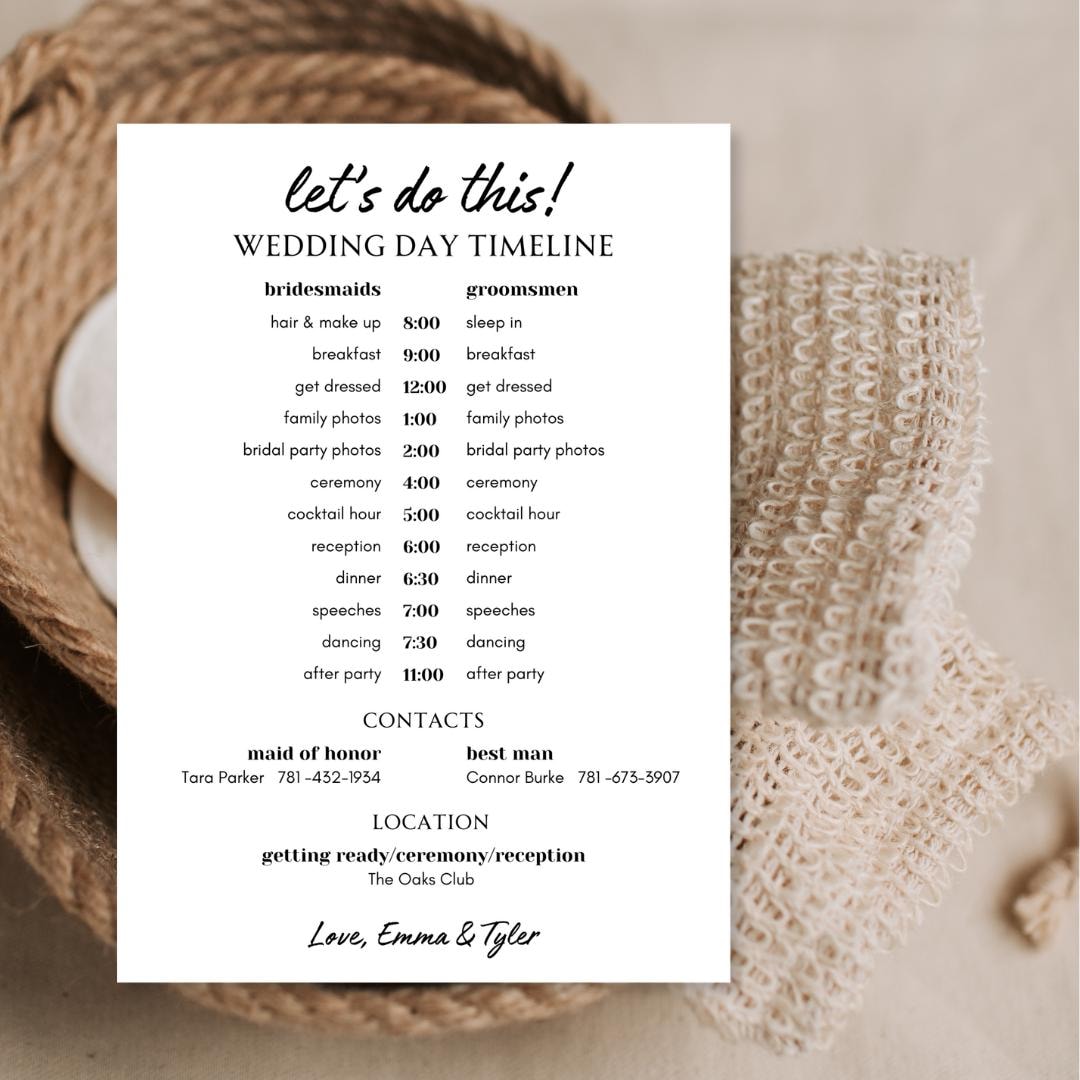 Editable Wedding Day Timeline Card: Bridal Party Itinerary (digital ...