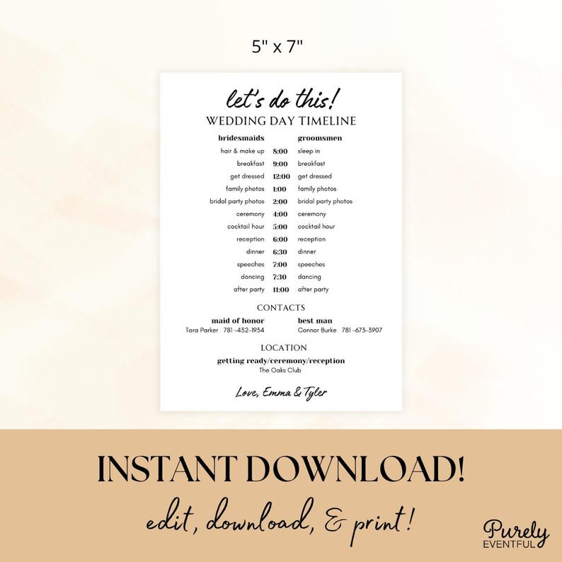 Editable Wedding Day Timeline Card: Bridal Party Itinerary (PDF) - Etsy